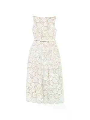 SELF-PORTRAIT Lace-overlay Belted Midi Dress - White