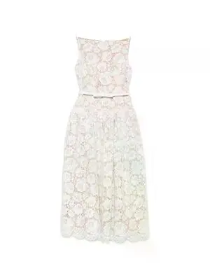 SELF-PORTRAIT Lace Overlay Belted Midi Dress - White