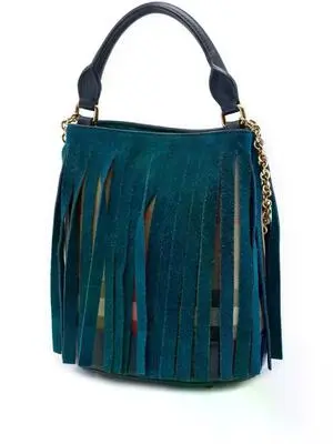 Burberry 2000-2017 Prorsum House Check Canvas And Suede Fringe Bucket Bag Satchel - Blue