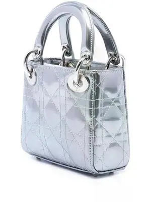 Dior Micro Metallic Patent Cannage Bear Lady Satchel - Silver