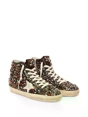 GOLDEN GOOSE Francy High-top Sneakers With Multicolor Rhinestones And Suede Star - Brown