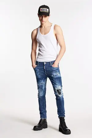 Dsquared2 Dark Ripped Leather Patch Wash Super Twinky Jeans - Blue