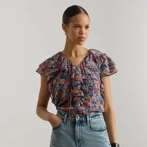 Ralph Lauren Floral Ruffle-trim Georgette Blouse - Cream/red/blue