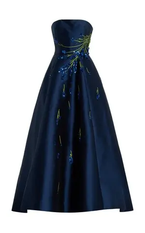Monique Lhuillier Embroidered Mikado Silk Ball Gown - Navy