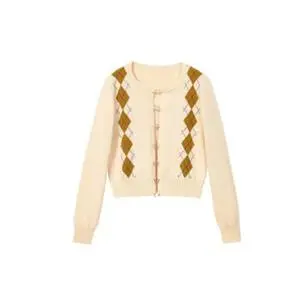 JAKKE Cream Argyle Cardigan With Metal Ring Closures - White