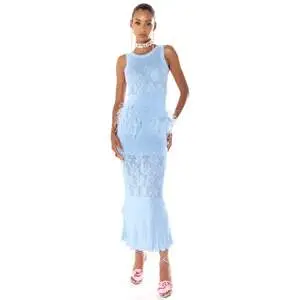ANDREEVA Bamboo Knit Maxi Dress With Feather Accents - Blue