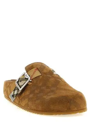 Burberry Embossed Check Suede Clogs With Buckled Strap - Brown