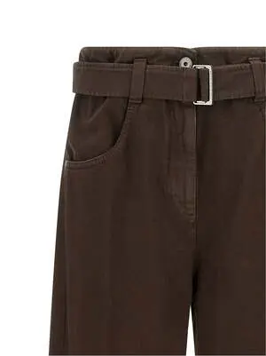 Brunello Cucinelli Wide-leg Belted Jeans In Dark Cotton Canvas - Brown