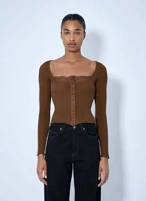 Saint Laurent Ribbed Lacy Button Up Top - Multicolor