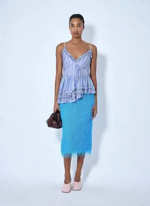 Dries Van Noten Pencil Midi Skirt With Textured Fringe - Blue