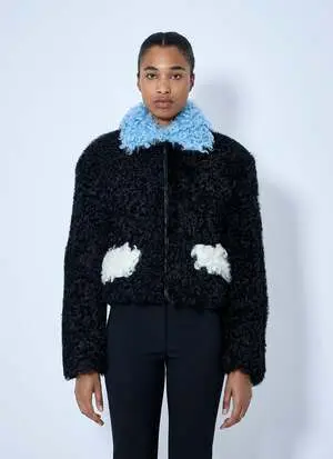 Marni Curly Shearling Jacket With Contrast Collar And Pockets - Black