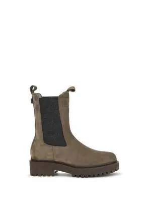 Brunello Cucinelli Suede Ankle Boots With Knit Insert And Precious Loop Detail - Brown
