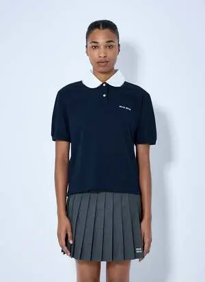 Miu Miu Cotton Piqué Polo Shirt With Embroidered Collar - Blue