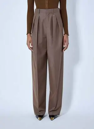 Saint Laurent Mid Rise Wool Blend Wide-leg Trousers - Brown