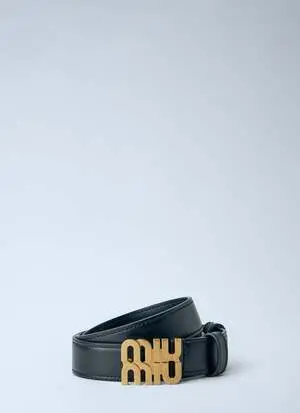 Miu Miu Leather Belt With Gold-tone Logo Buckle - Black
