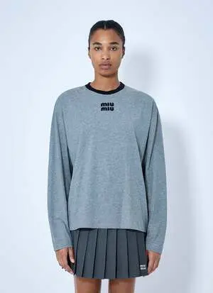 Miu Miu Logo Motif Long Sleeve T-shirt - Gray