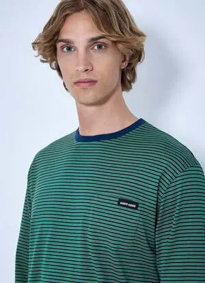 Miu Miu Striped Long Sleeve T-shirt With Logo Patch - Green