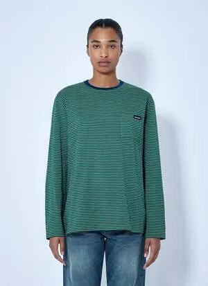 Miu Miu Striped Long Sleeve T-shirt With Logo Patch - Green