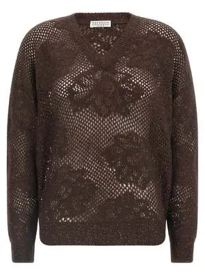 Brunello Cucinelli Flower Lace Mohair & Virgin Wool V-neck Sweater - Brown