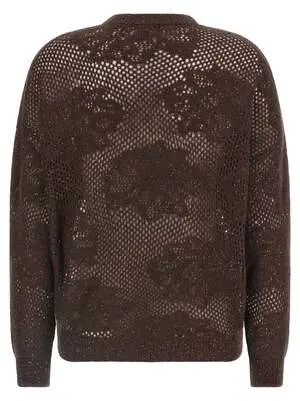 Brunello Cucinelli Flower Lace Mohair & Virgin Wool V-neck Sweater - Brown