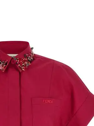 Fendi Cropped Cotton Poplin Shirt With Embellished Collar - Multicolor