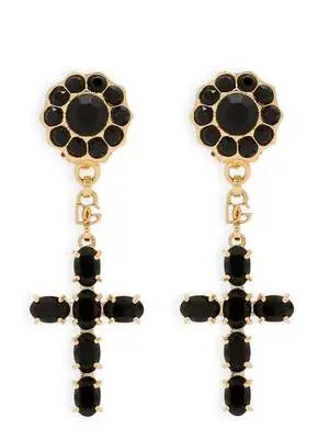 Dolce & Gabbana Finish Clip Earrings With Black Crystal Cross Pendants - Gold