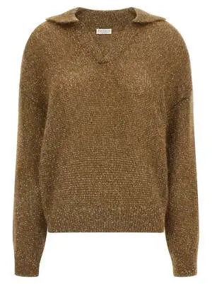 Brunello Cucinelli Dazzling" Sequined Knit Polo Shirt - Brown