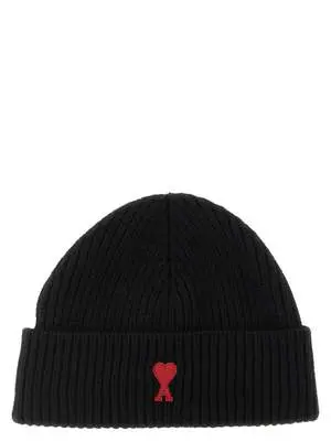AMI Paris De Coeur' Beanie In Ribbed Felted Merino Wool - Black
