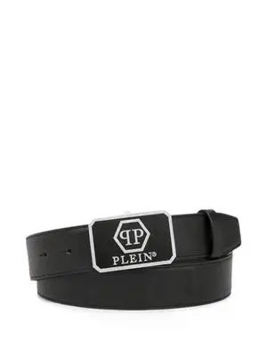 Philipp Plein Leather Belt With Plaque Buckle - Black