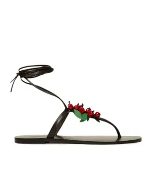 TWINSET Beaded Cherry Ankle-tie Flat Sandals - Black