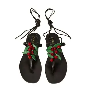 TWINSET Beaded Cherry Ankle-tie Flat Sandals