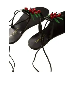 TWINSET Beaded Cherry Ankle-tie Flat Sandals