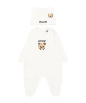 Moschino Teddy Bear Footed Romper, Bib, And Hat Set - Ivory