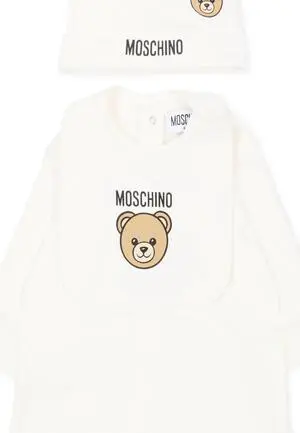 Moschino Teddy Bear Footed Romper, Bib, And Hat Set