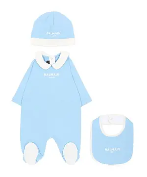 Balmain Logo-print Bib Bodysuit And Beanie Set - Light Blue