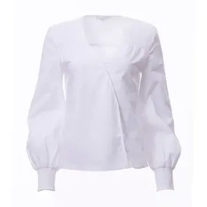 CARLOSLINES V-neck Bishop Sleeve Smocked Faux Wrap Blouse - White