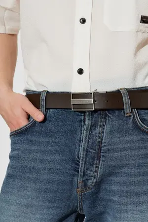 Emporio Armani Leather Belt With Textured Finish And Matte Anthracite Buckle
