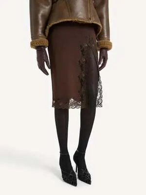 Balmain Knit Midi Skirt With Lace Detail - Brown