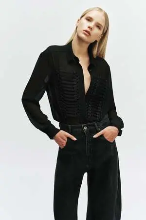 Bardot Evita Trim Detail Sheer Shirt - Black