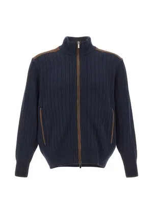 Paul & Shark Ribbed Zip-up Sweater With Suede Accents