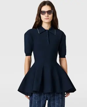 Stella McCartney Compact Knit Peplum Polo Top - Navy