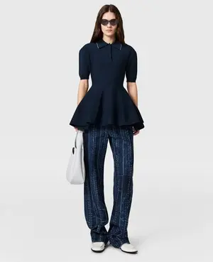 Stella McCartney Compact Knit Peplum Polo Top - Navy