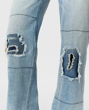 Stella McCartney Distressed Patch Straight Leg Jeans - Light Blue