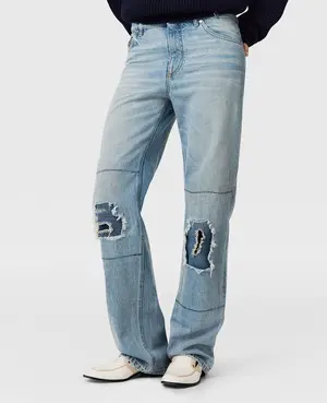 Stella McCartney Distressed Patch Straight Leg Jeans - Light Blue