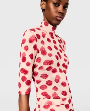 Stella McCartney Raspberry Print High Neck Mesh Top