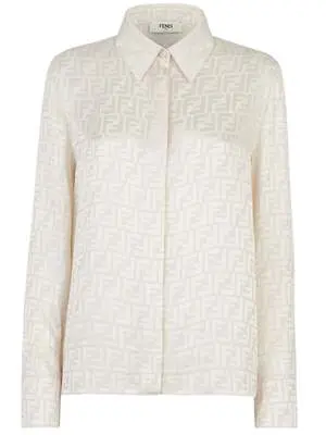 Fendi Long Sleeve Silk Jacquard Ff Motif Shirt - Bianco