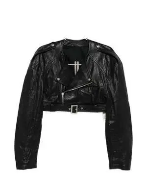 Rick Owens Cropped Leather Jacket With Zip Cuffs And Belt - Nero