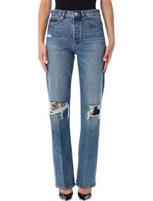 FRAME High-rise Straight-leg Jeans With Distressed Detailing - Voltage Mid Blue