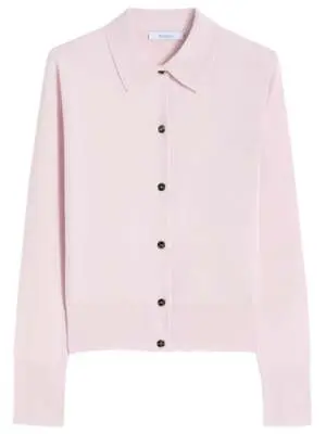Max Mara Slim Fit Wool Blend Sweater With Shirt Collar And Horn Button Placket - Rosa