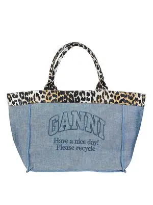 GANNI Leopard Print Logo Shopper Bag - Blu